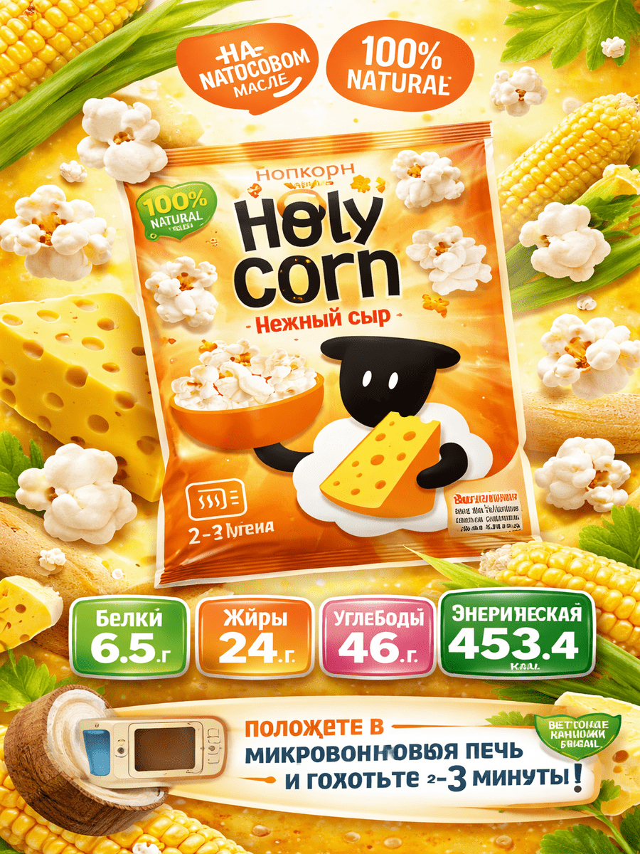 Попкорн микроволновый Holy Corn Нежный сыр, 70г
