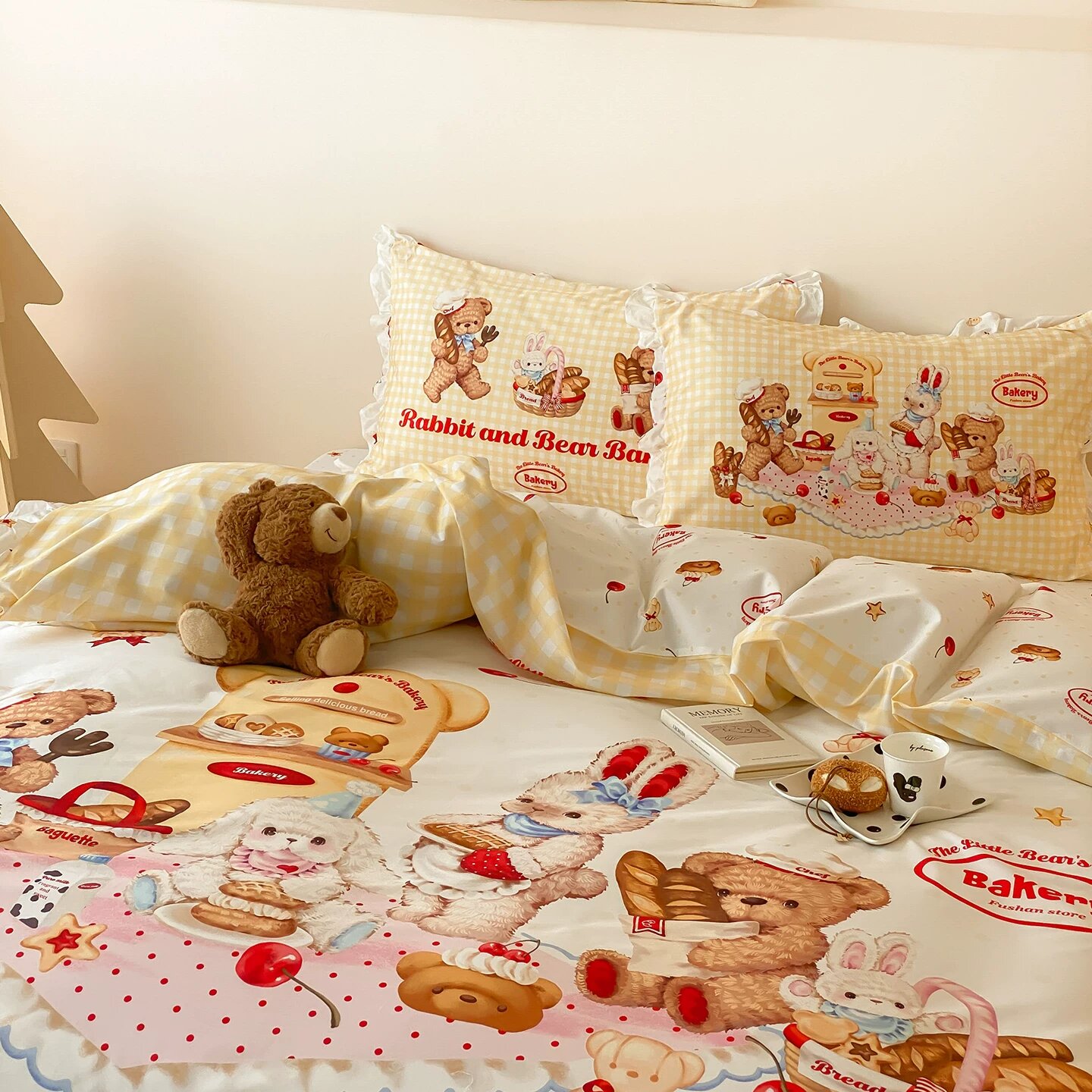 Комплект постельного белья Toyama Store Baguette Bear Lolita Ruffle Series, желтый в клетку, хлопок, для общежития,
