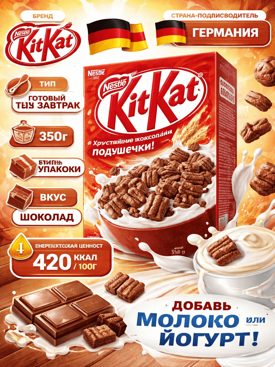 Готовый завтрак KitKat Cereal Хрустящие шоколадные подушечки, 350г