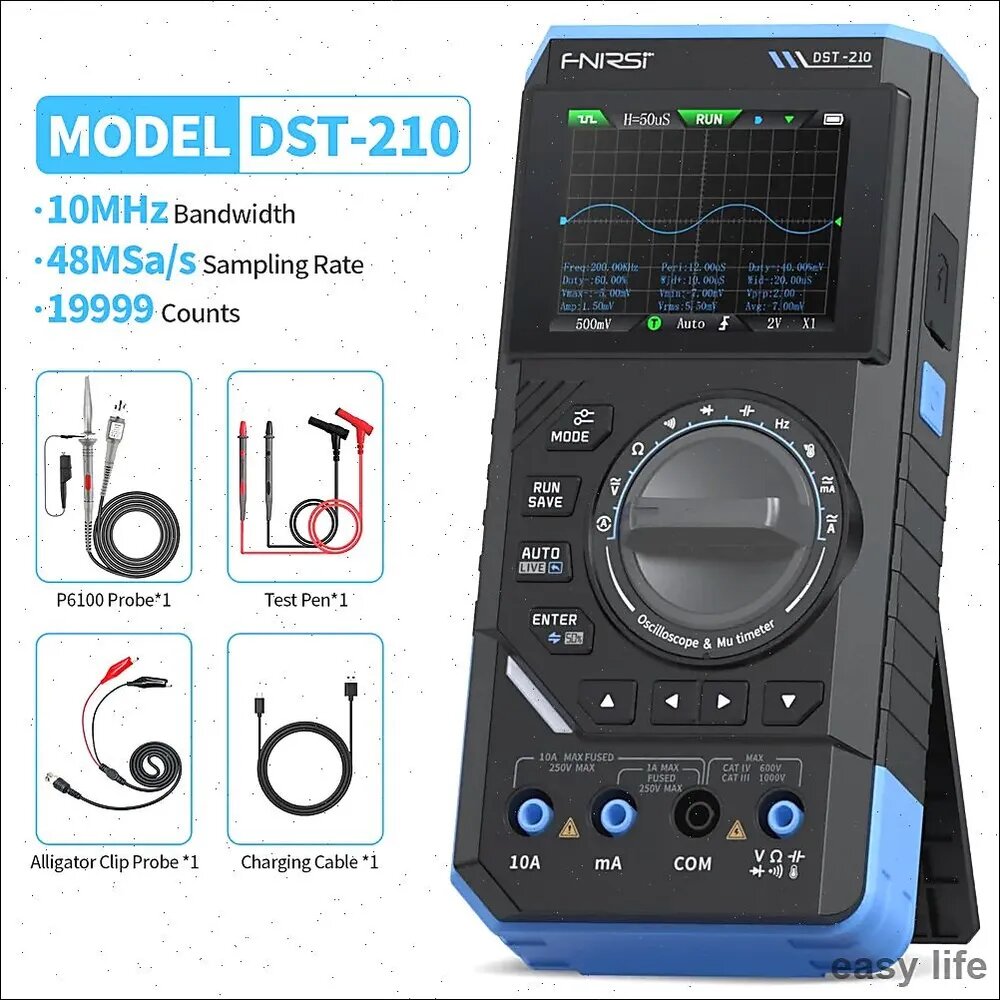 FNIRSI DST210 Трехфункциональный цифровой мультиметр/генератор сигналов, 19 999 отсчетов, полоса пропускания 10 МГц, 48 МГц/с, портативный автомобильный мультиметр/генератор сигналов