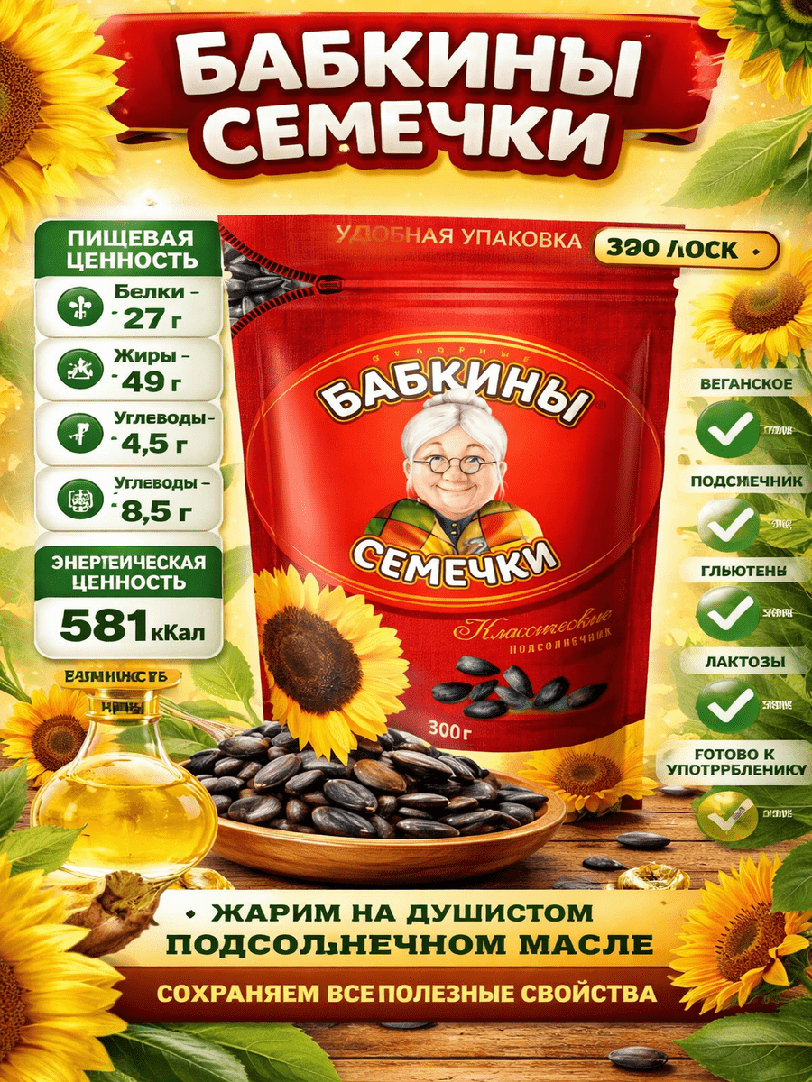Семечки подсолнечника Бабкины семечки отборные жареные, 300г
