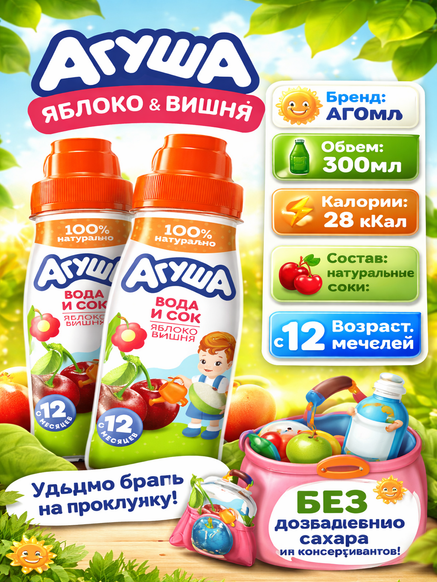 Напиток сокосодержащий детский Агуша Яблоко и вишня с 12 месяцев, 300мл x 2 упаковки