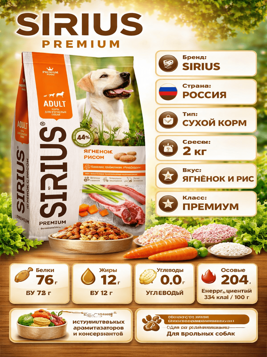 Сухой корм Sirius Premium для собак с ягненком и рисом, 2кг