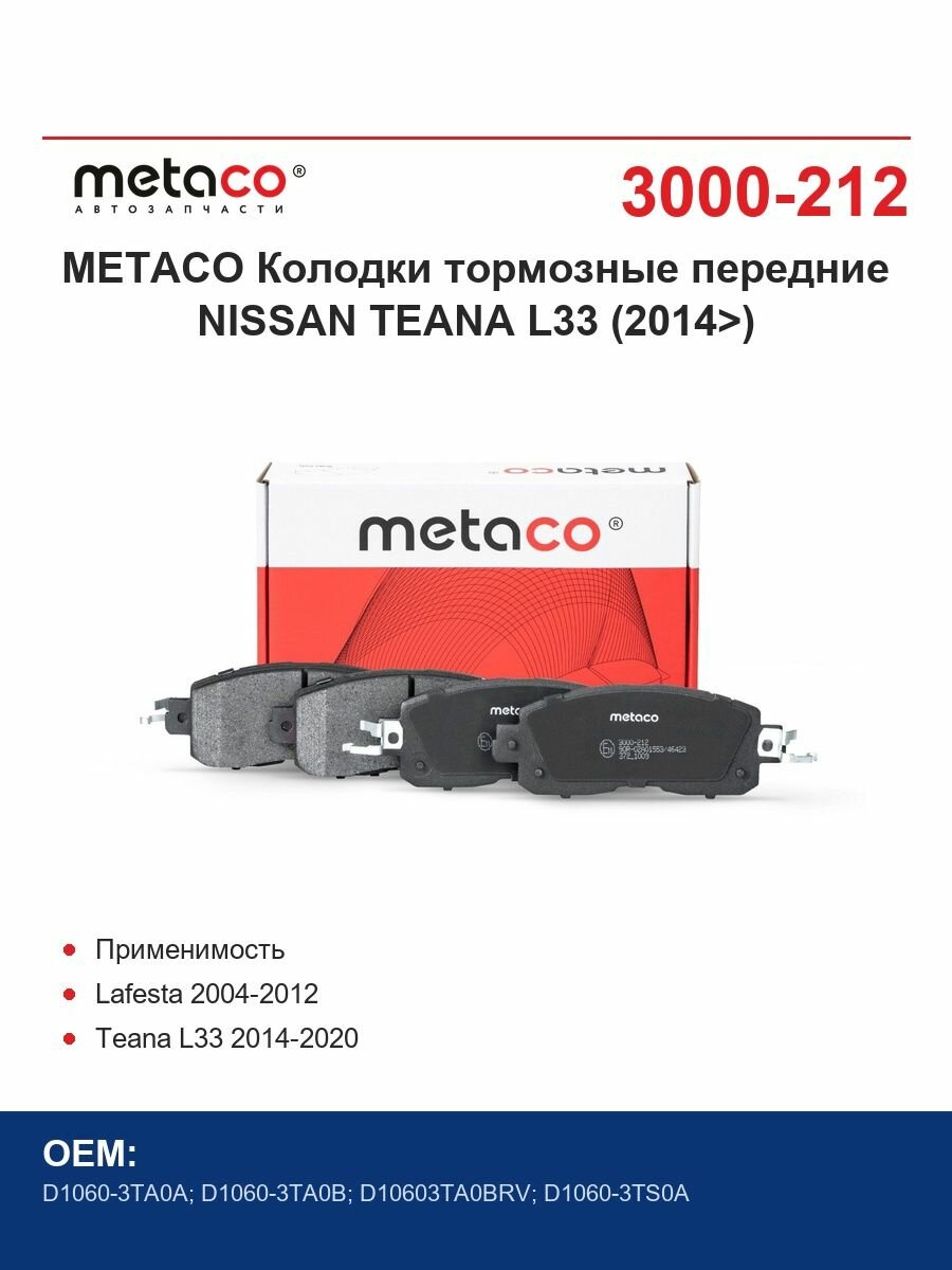 METACO Колодки тормозные передние NISSAN TEANA L33 (2014>)