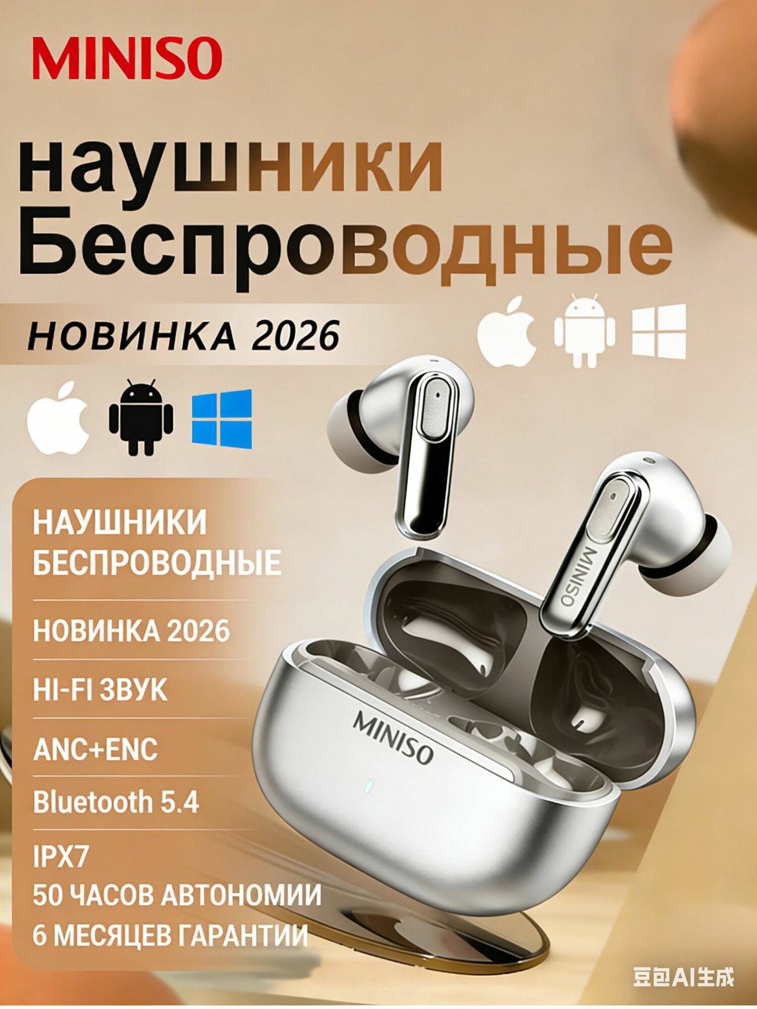 Наушники беспроводные с микрофоном, Bluetooth, USB, серебристый
