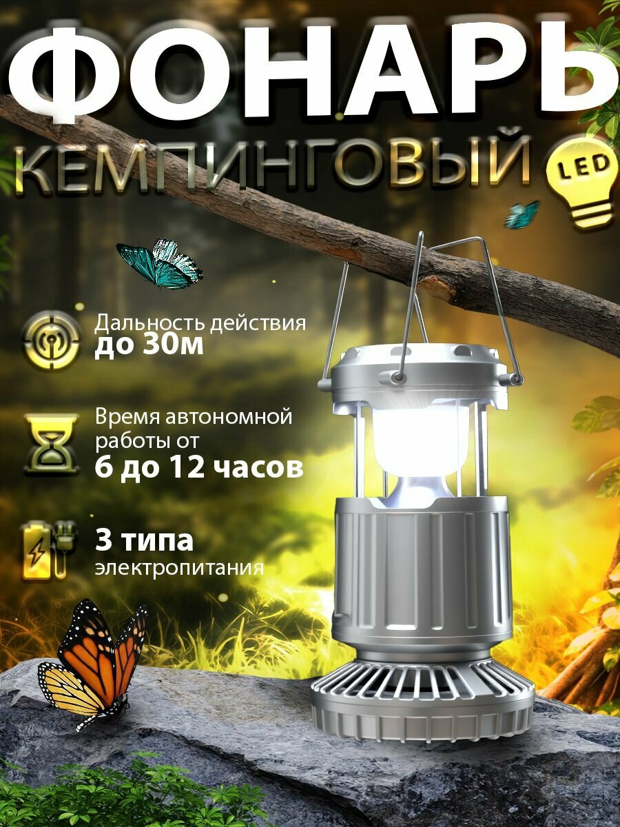 Фонарь-вентилятор кемпинговый 3-в-1 с Power Bank USB/Солнце/Батарейки 30м свет IPX4 для палатки, рыбалки и экстремальных условий