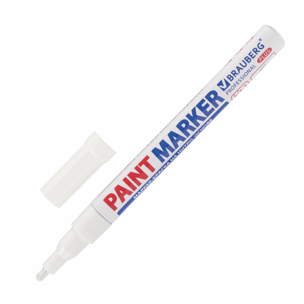 Маркер-краска лаковый (paint marker) 2 мм, белый, нитро-основа, алюминиевый корпус, BRAUBERG PROFESSIONAL PLUS, 151438, 151438