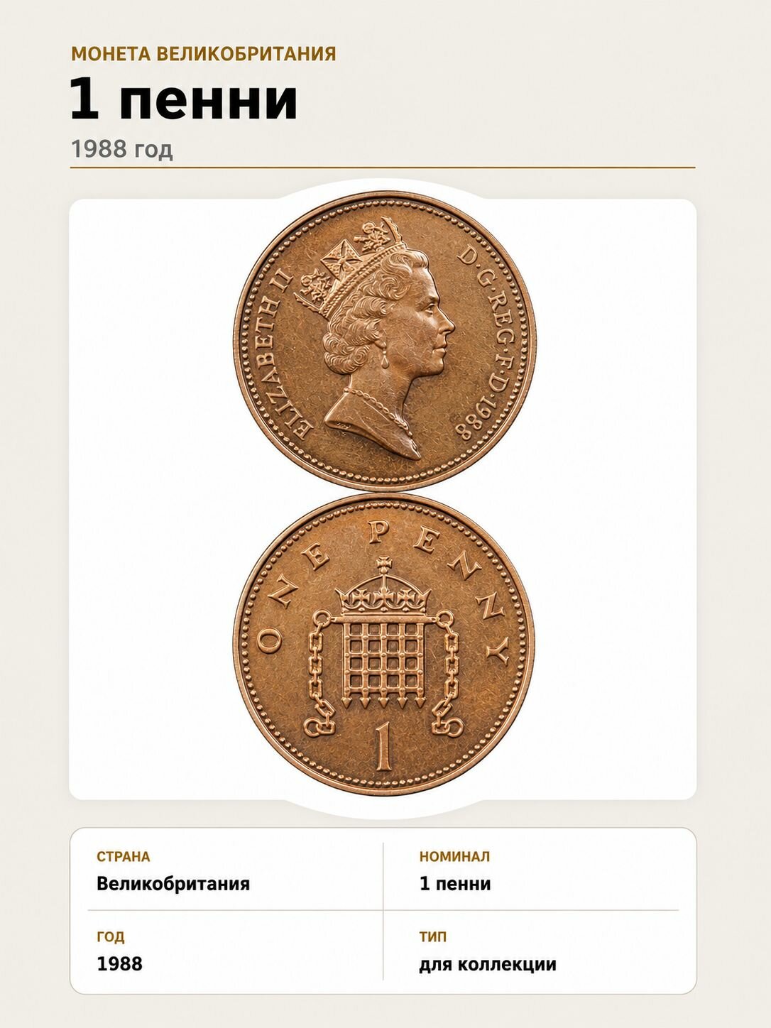 Коллекционная монета Великобритания 1 пенни 1988, Elizabeth II, аверс и реверс