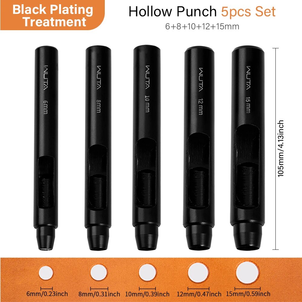 Набор пробойников WUTA для кожи 5-15 шт, черные Set B-5pcs