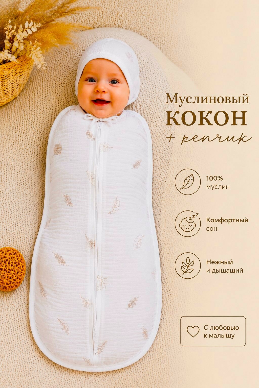 Муслиновая Пеленка Кокон для новорожденного на молнии + чепчик, 0-3мес, 100% хлопок, от МаПа!