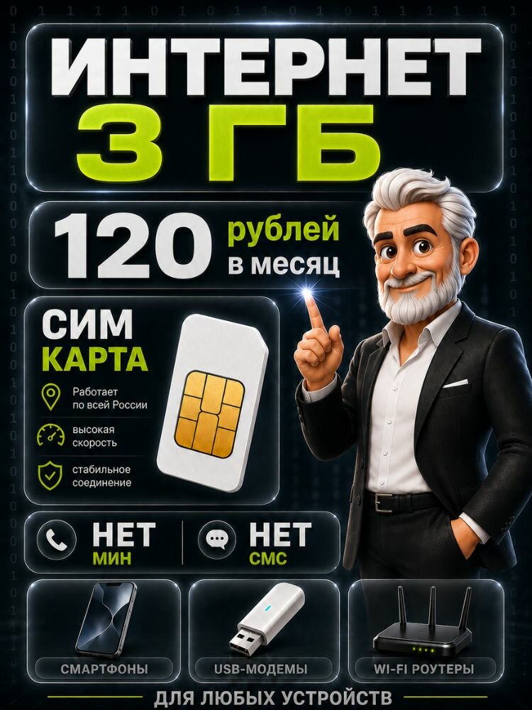 Сим карта Безлимитный Интернет по РФ для любых устройств: модем роутер камера мобильный - тариф 120 руб в месяц 3 ГБ ADTP11
