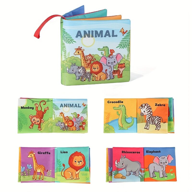 Интерактивная тканевая книга 4 страницы для детей 1-6 лет, моющаяся, прочная, раннее обучение: животные, фрукты, цифры, формы, сенсорное развитие, подарок на день рождения, Рождество, Хэллоуин, развивающая книжка без батареек (Животные)