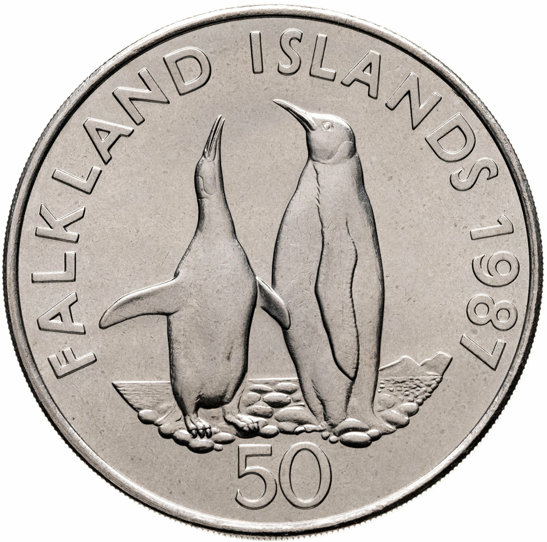 Фолклендские острова 50 пенсов pence 1987 "Королевские пингвины", Мельхиор медь-никель, в сохранности UNC