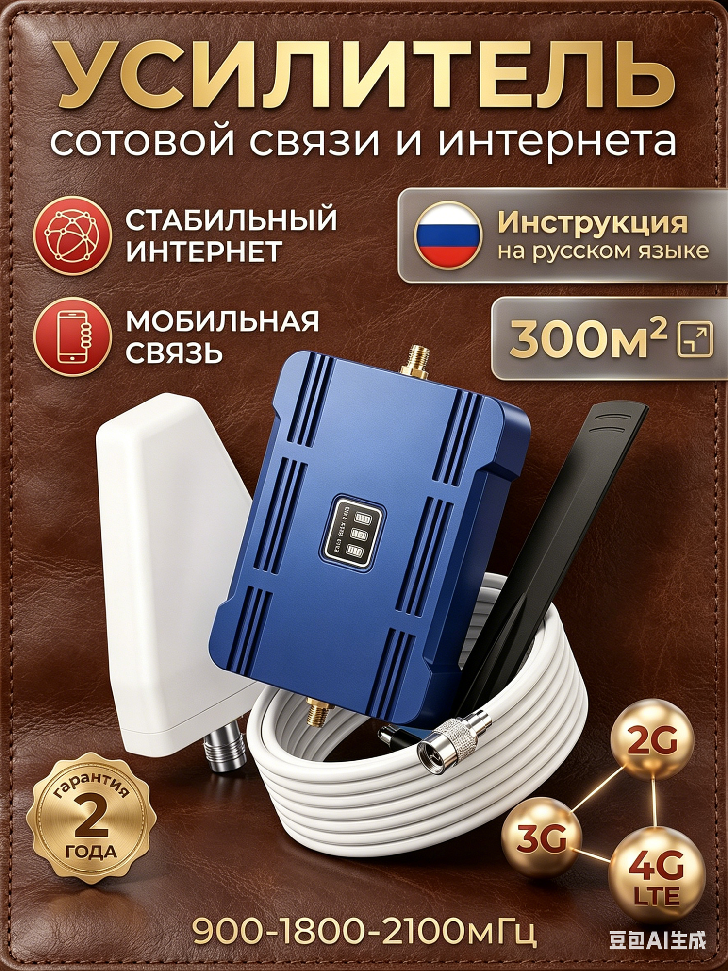 Усилитель сотовой связи 900/1800/2100 МГц (2G/3G/4G): до 70 км, направленный, синий, 1.3 кг