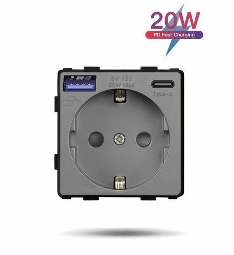 Механизм розетки (без рамки) с Usb/Type-C АC, быстрая зарядка 20Вт, цвет серый