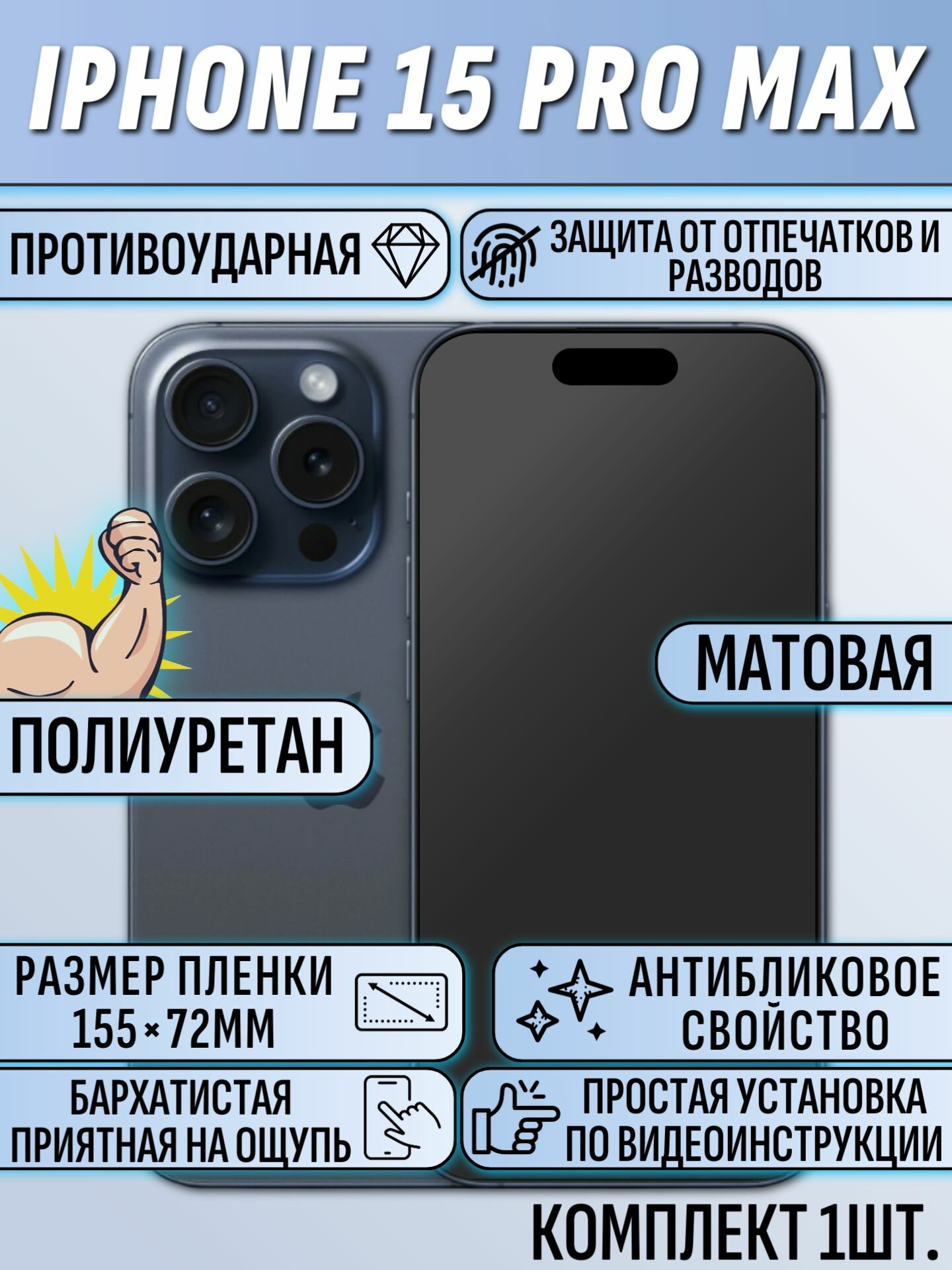Гидрогелевая защитная пленка для Apple iPhone 15 Pro Max матовая под чехол 1 шт