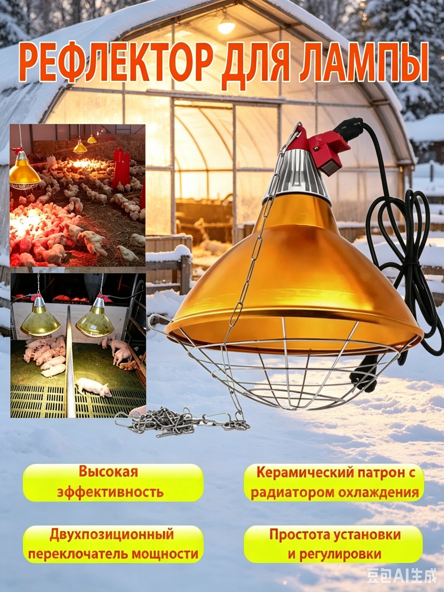 Плафон для инфракрасной лампы с защитной решеткой, патрон E27. Абажур металлический для обогрева цыплят, птиц и животных в курятнике