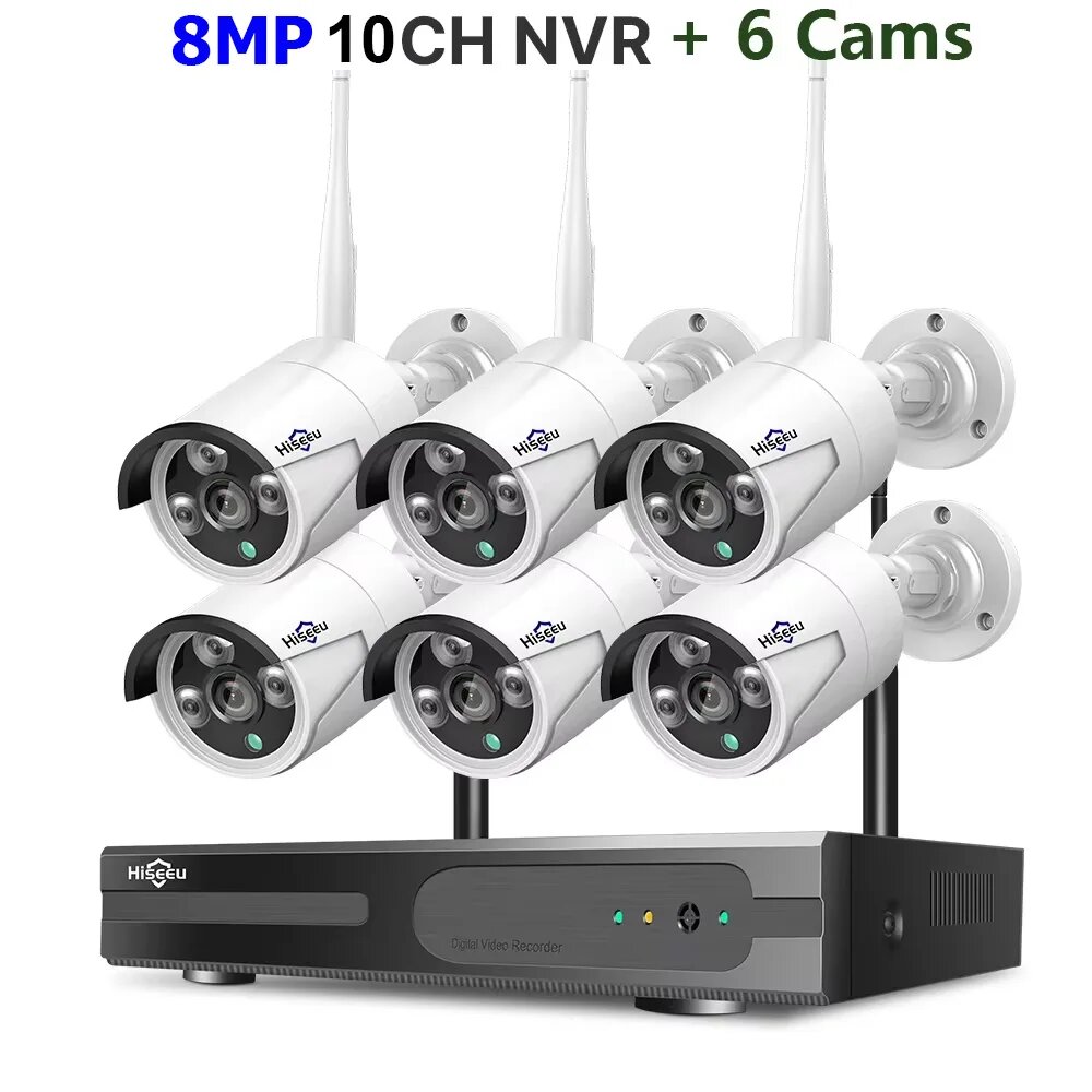 Система безопасности камер видеонаблюдения Hiseeu 3/5/8MP WiFi CCTV с камерами пулевидной формы с ИК-обзорной системой ночного видения, 10-канальный беспроводной видеорегистратор NVR