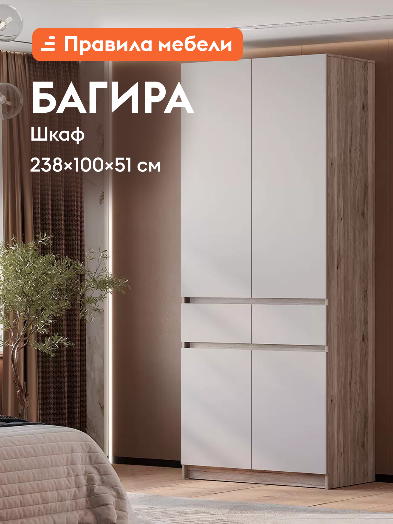 Распашной шкаф для одежды и хранения вещей Багира с полками, с ящиками, со штангой для одежды, 100.2х51х238.4 см, Дуб Смоки / Кашемир