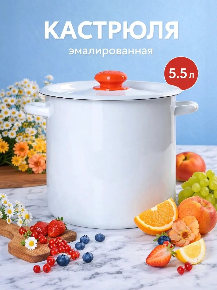 Кастрюля эмалированная, 5.5 л, d=24 см, с крышкой, без декора, крышка микс