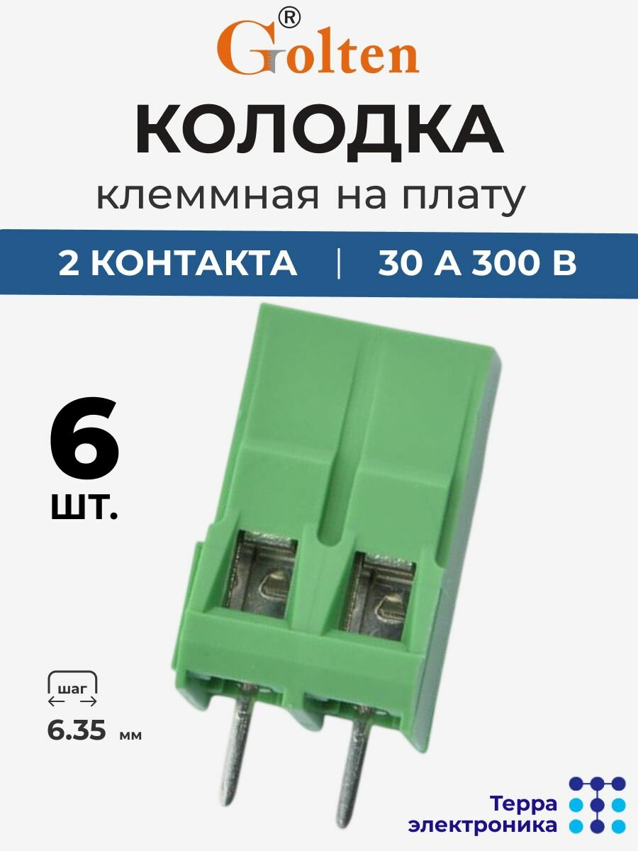 GOLTEN Колодка клеммная на плату прямая (6 шт.) 30 А 300 В 2 контакта 6.35 мм шаг, сечение 0.5-4.0 мм , GT635-6.35-02P-14-00