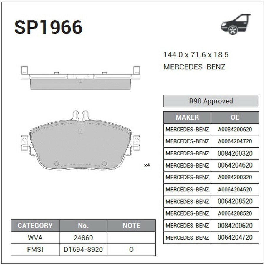 Колодки тормозные передние MERCEDES-BENZ A II (169) (2004-2012)/ B II (246) (2011- )/ GLA (156) (2013- )/ CLA (117) (2013- ) SANGSIN BRAKE SP1966