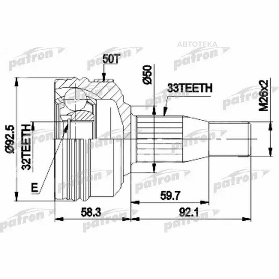 ШРУС PATRON PCV8957 наружн к-кт 33x49.6x32 ABS:50T CHRYSLER: 300M, CONCORD, LHS 98-04, DODGE: INTREPID 98-02 - С ABS