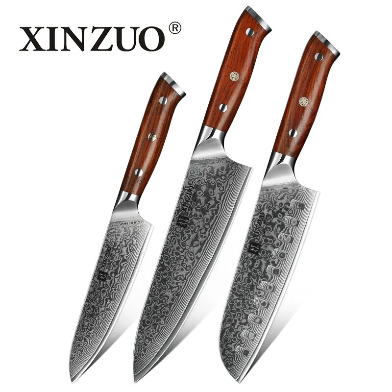 Наборы кухонных ножей XINZUO 1 или 3 штуки японского кованного дамасского стали ножи для шеф-поваров Сантоку из нержавеющей стали с ручкой из розового дерева