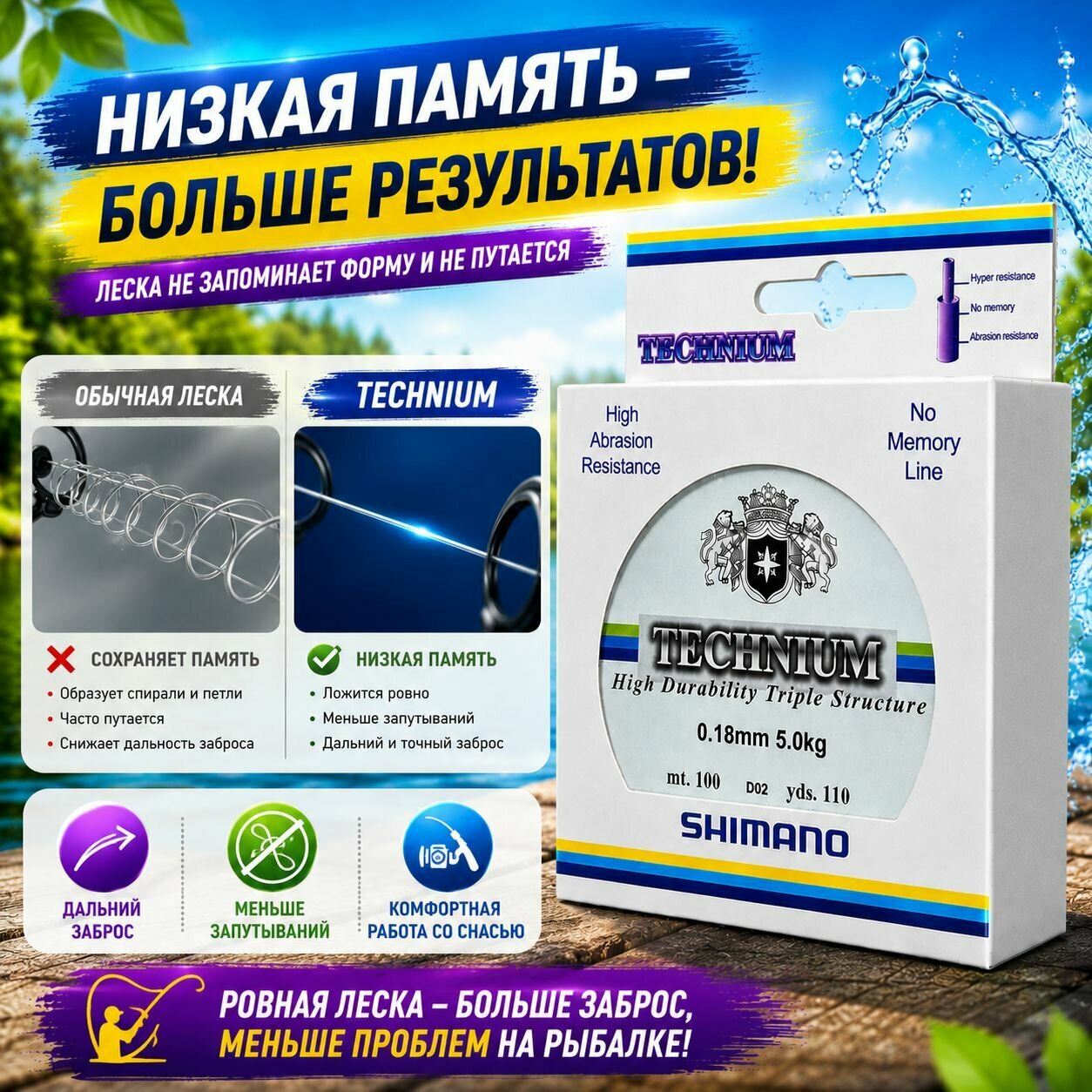 Леска рыболовная Shimano Technium 0,18 мм, 100 м, 5 кг, монофильная, высокая износостойкость, без памяти — фото 1
