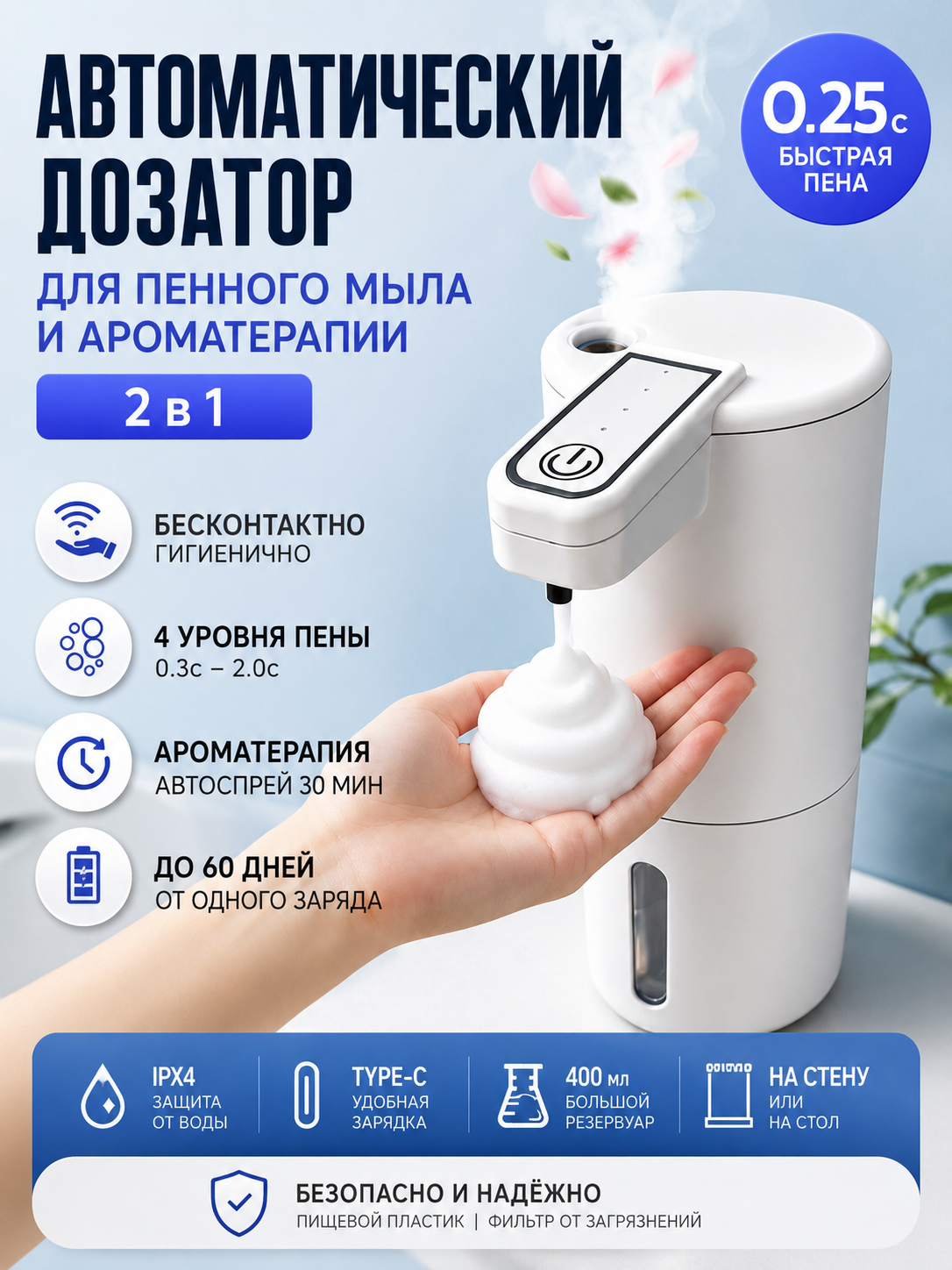 Сенсорный диспенсер для мыла и ароматизатор 2 в 1, 4 режима подачи пены
