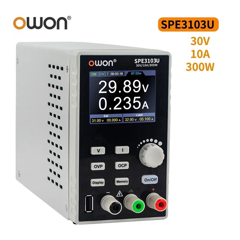 Источник питания с регулируемым напряжением Owon SPE3103U DC 150W/30V/5A с постоянной мощностью, высоким разрешением 10мВ/1мА и выходом для быстрой зарядки USB
