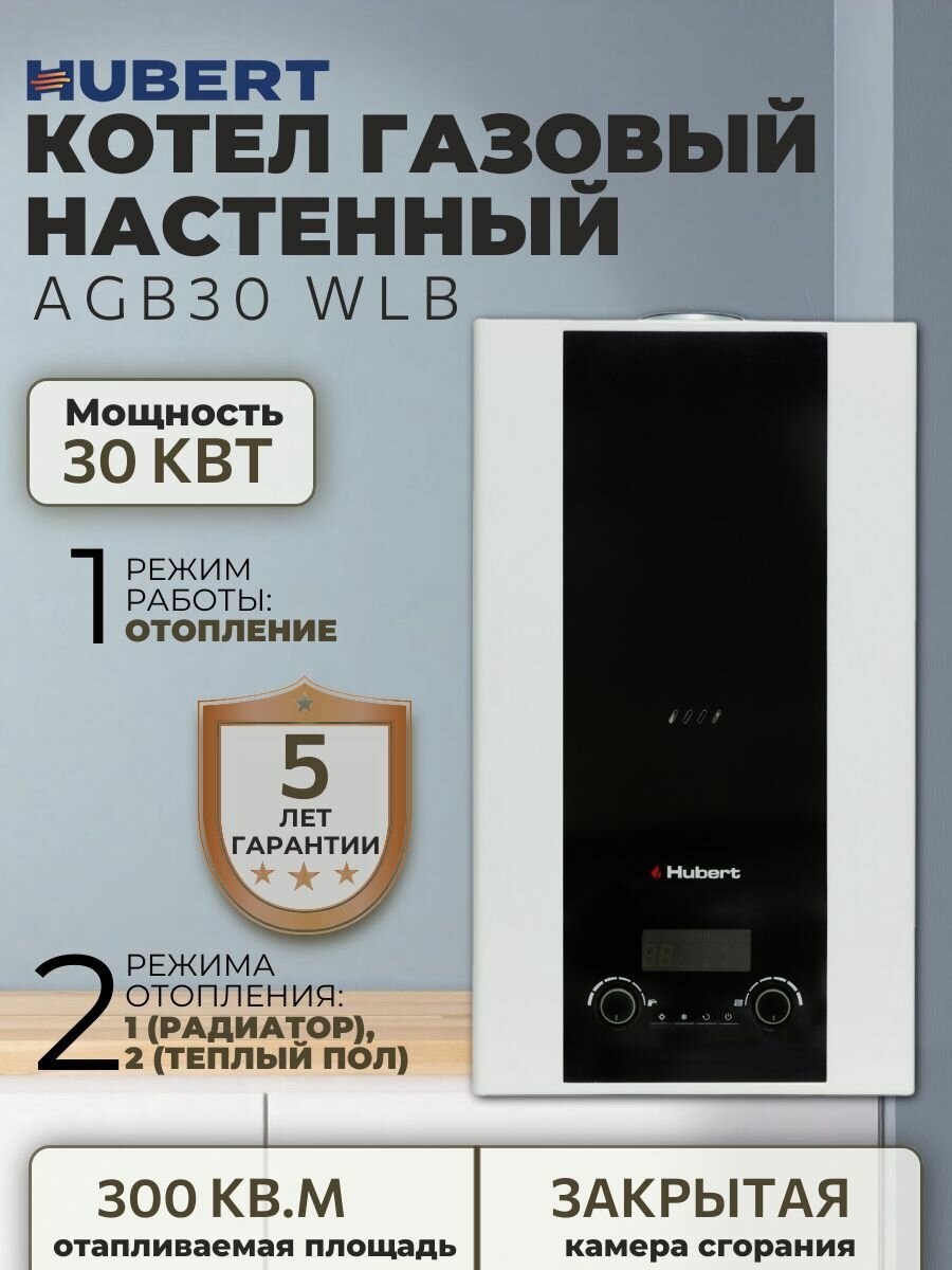 Газовый котел Hubert AGB 30WL, 30 кВт, 300 кв. м, одноконтурный, закрытая камера
