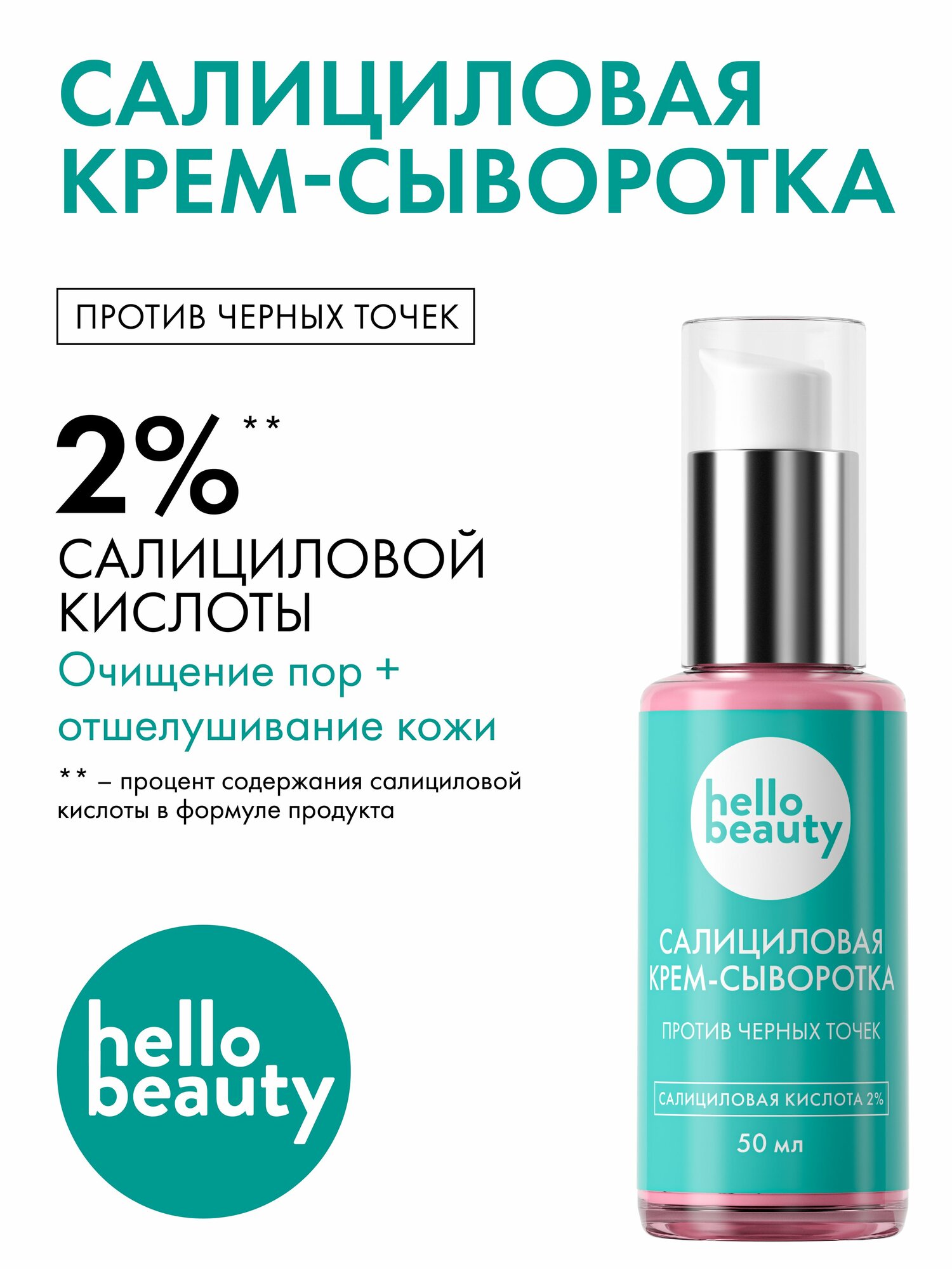 Крем-сыворотка с салициловой кислотой для лица Hello Beauty, BHA уход от акне и черных точек, очищение пор, жирная и проблемная кожа, 50 мл