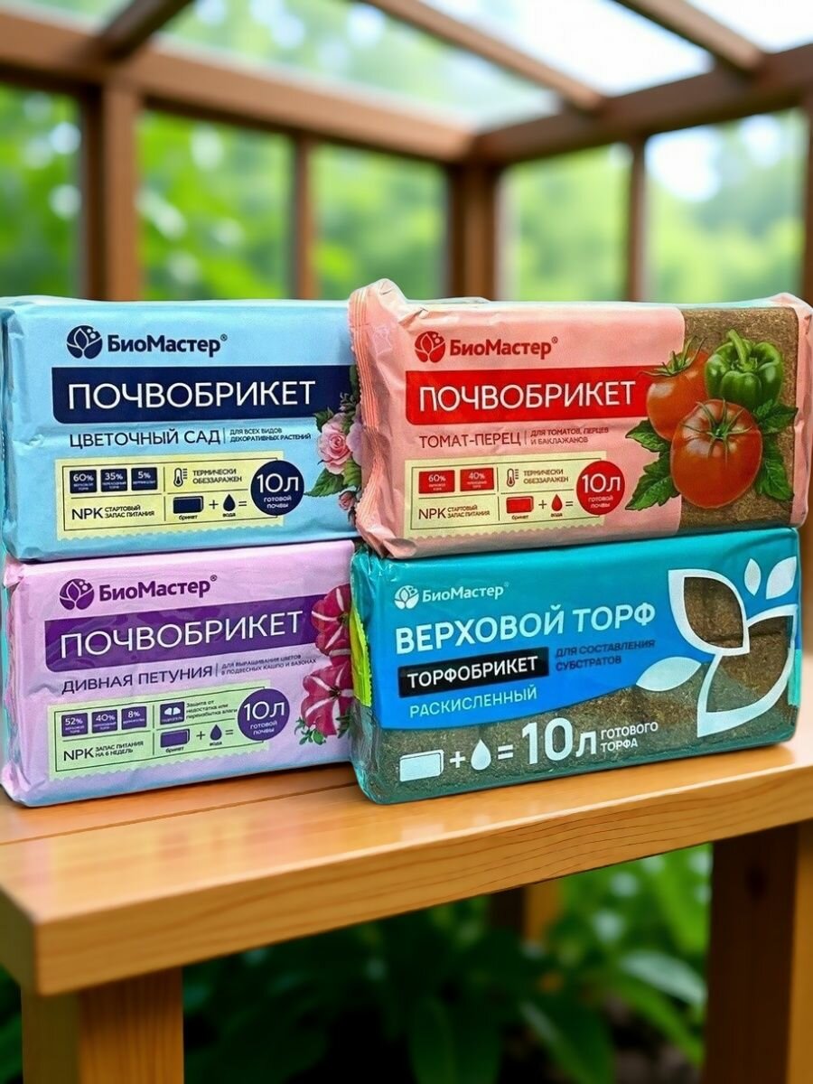 Грунт почвобрикет Цветочный сад+Томат-перец+Дивная петунья с гидрогелем+Торф верховой раскисленный 4шт по 700г