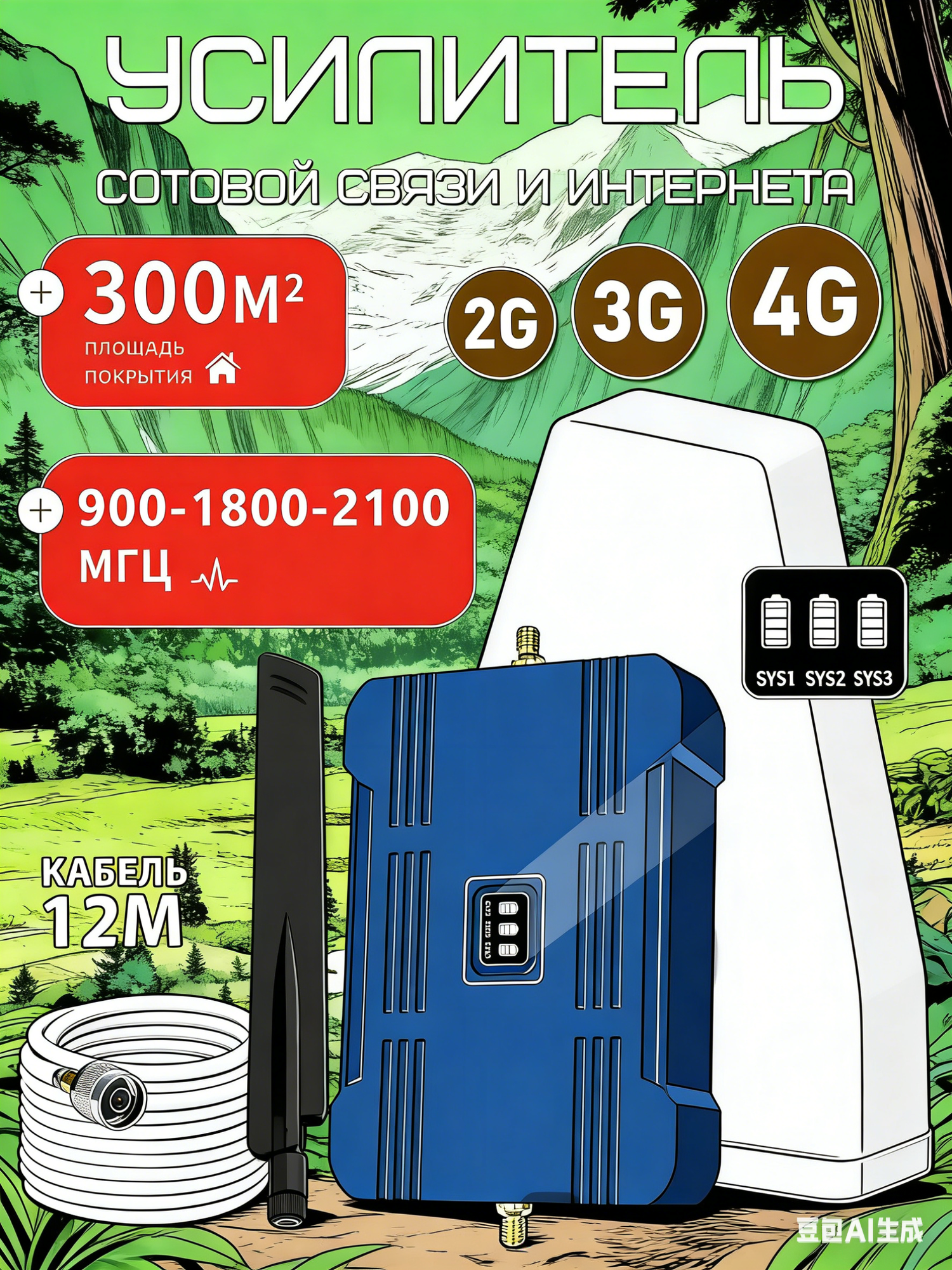 Усилитель сотовой связи 900/1800/2100 МГц (2G/3G/4G): до 70 км, направленный, синий, 1.3 кг