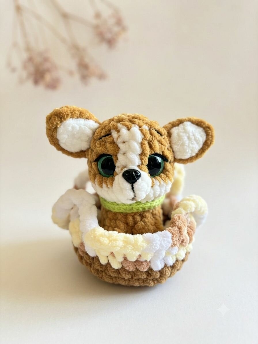 Игрушка амигуруми Собачка корги в корзинке ручная работа