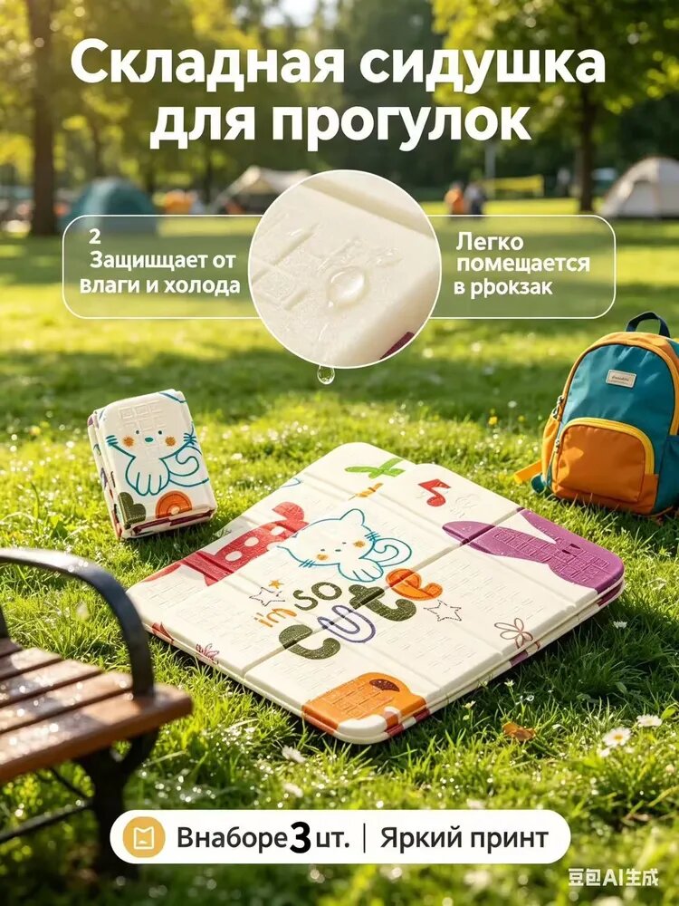 Сидушка туристическая складная, коврик для сидения водонепроницаемый, пенка-подпопник, 3 штуки, 39х30 см, для детей, пикника и путешествий