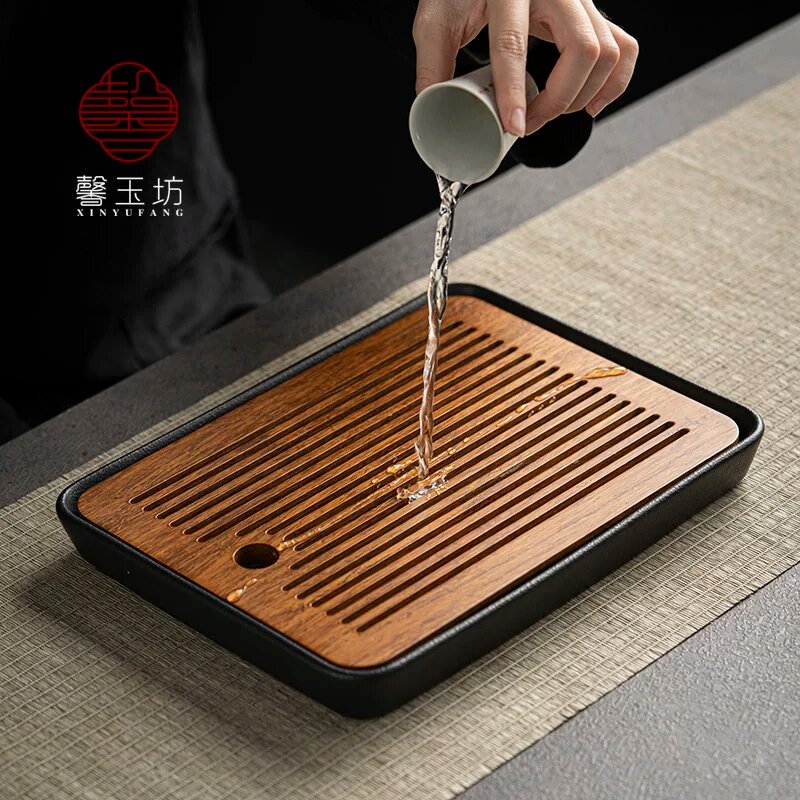 Прямоугольный чайный поднос Xinyufang с отсеком для воды, керамический поднос из тяжелого бамбука для дома, чайный