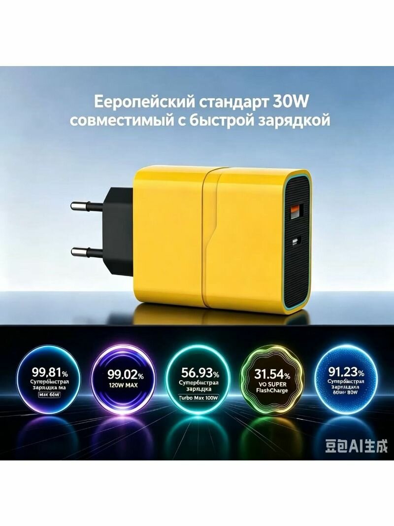 Зарядное устройство GaN 30 Вт для ноутбуков, смартфонов и iPad, с евровилкой, 1 портом USB-C PD + 1 портом USB-A быстрой зарядки, универсально для дома и путешествий