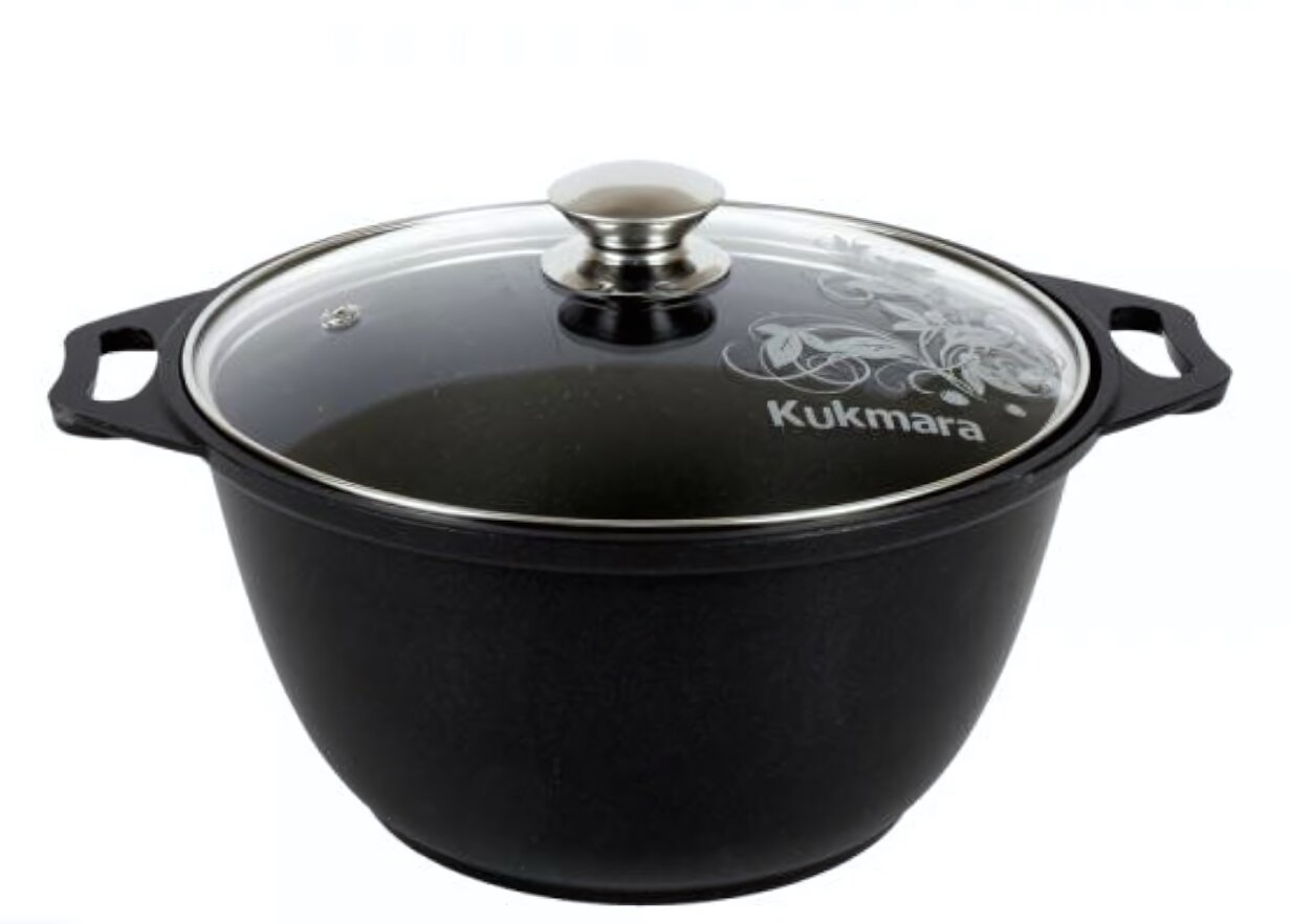 Кастрюля Kukmara 3л алюминиевая с антипригарным покрытием, стеклянная крышка с ободком, легкий уход, черная