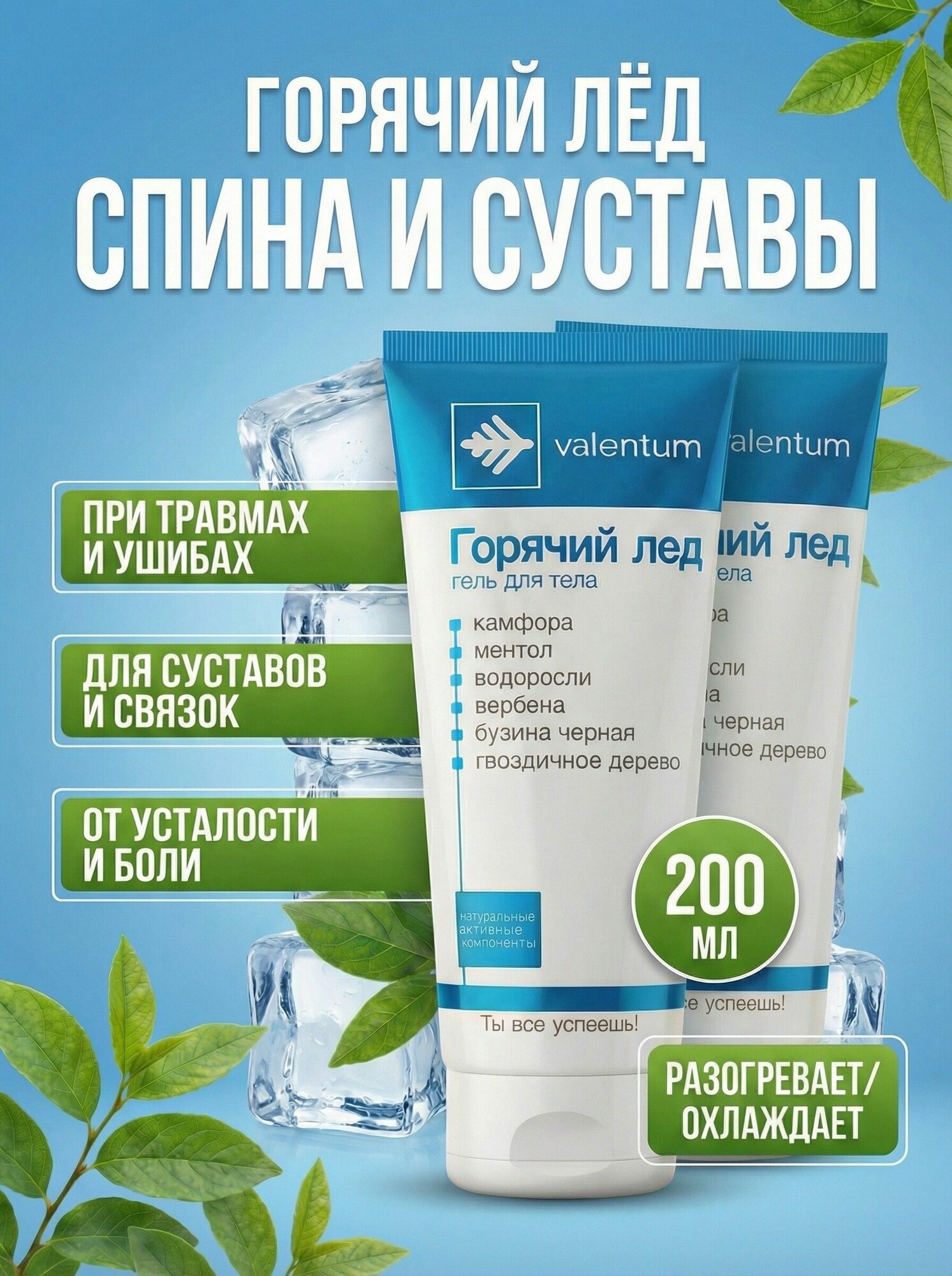 Горячий лед гель для суставов обезболивающий, разогревающая мазь 200 мл,2 шт