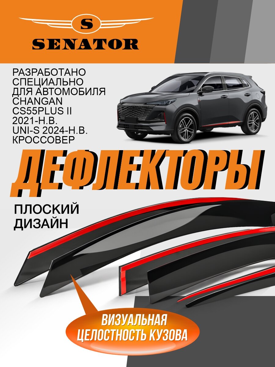 Плоские дефлекторы окон Senator для Changan CS55 PLUS 2, Uni-S (2021-н. в.), ветровики Чанган, накладные, 6 шт.