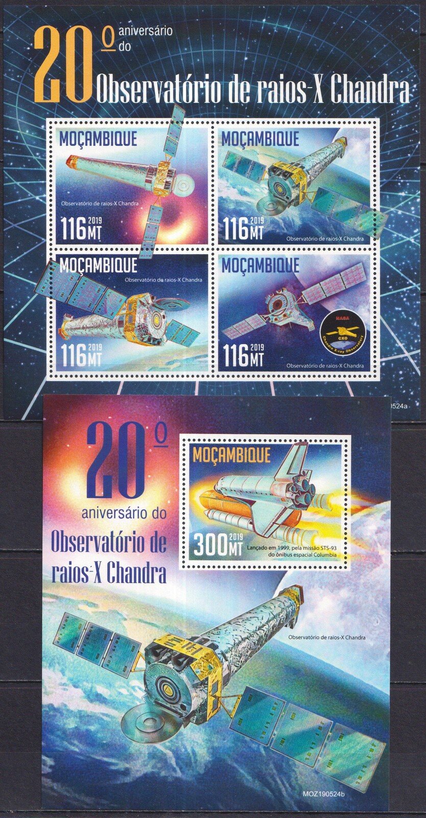 Марки 2019 год Мозамбик Рентгеновская обсерватория "Чандра" Космос #10705-708+Bl1576 Mnh