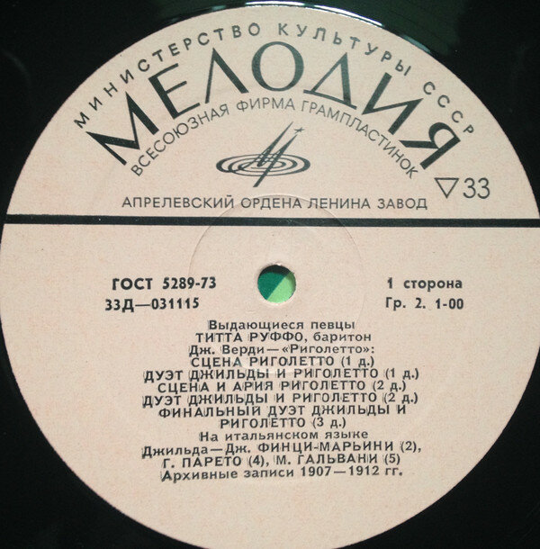 Titta Ruffo, Giuseppe Verdi, Ambroise Thomas 'Выдающиеся Певцы' LP/1978/Classical/Russia/Nm
