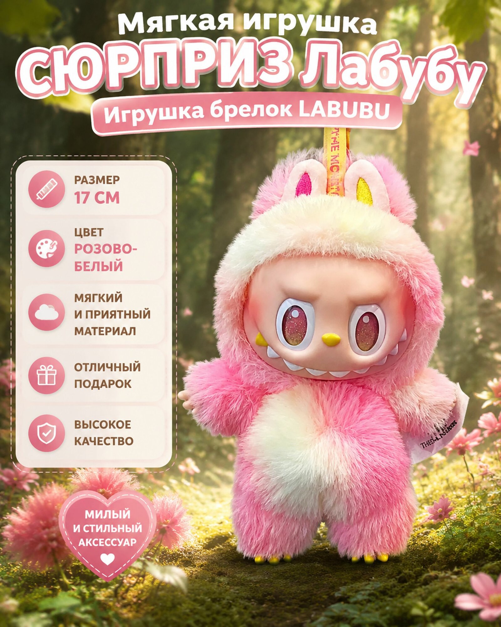 Мягкая игрушка сюрприз Лабубу / Игрушка брелок LABUBU розово-белый