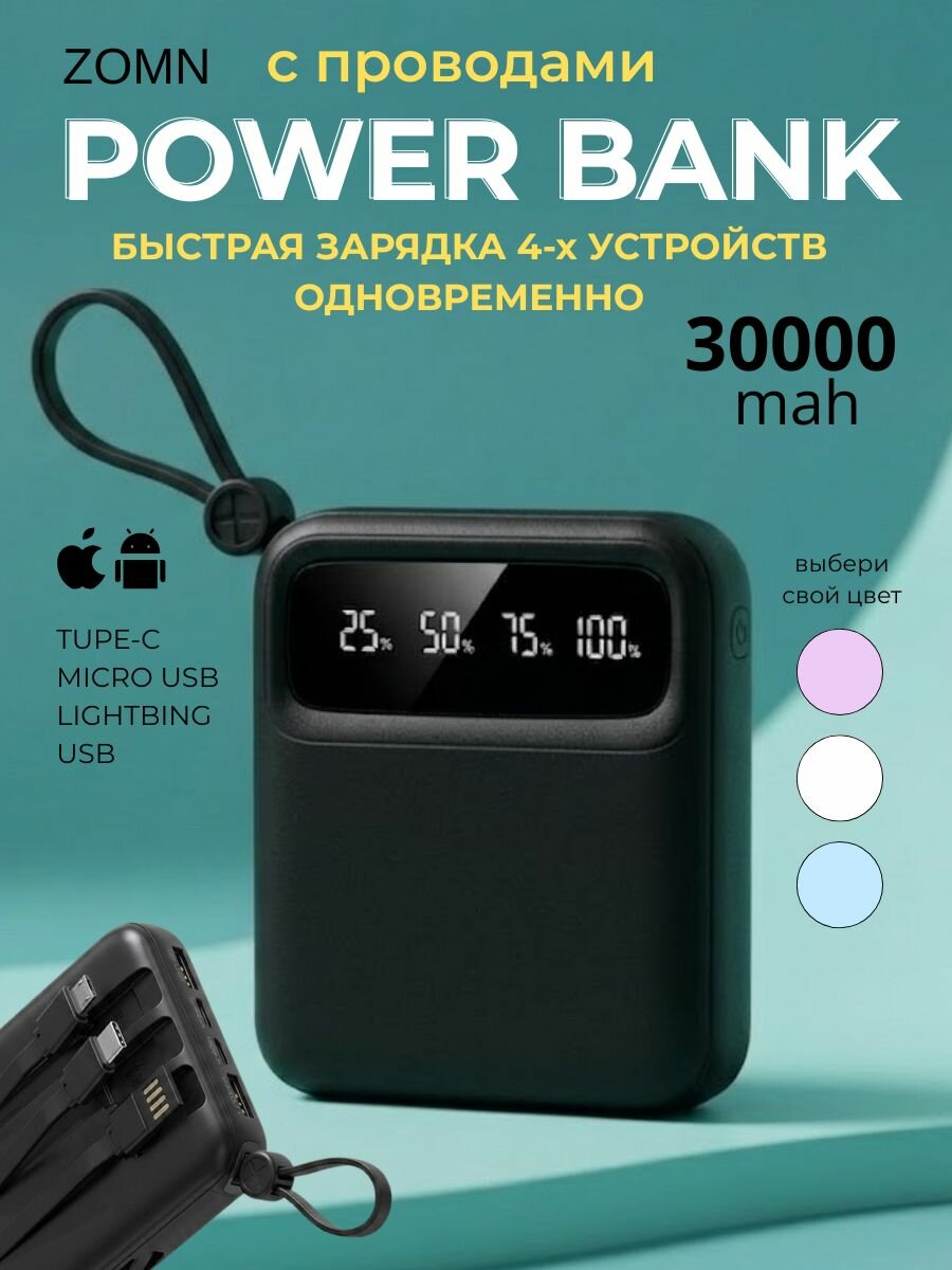 Повербанк Power bank 30000 mah с быстрой зарядкой, внешний аккумулятор с проводами для путешествий дорожный универсальный