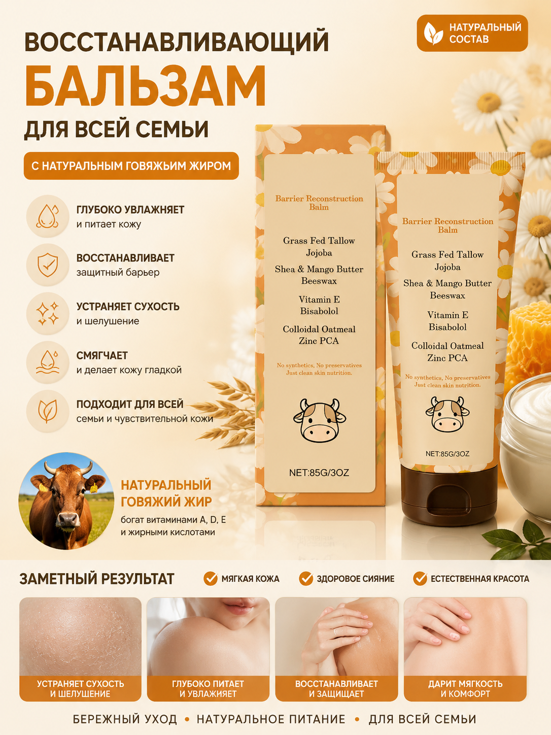 Увлажняющий крем с говяжьим жиром для ежедневного ухода, смягчает пересушенную кожу тела,2 шт.