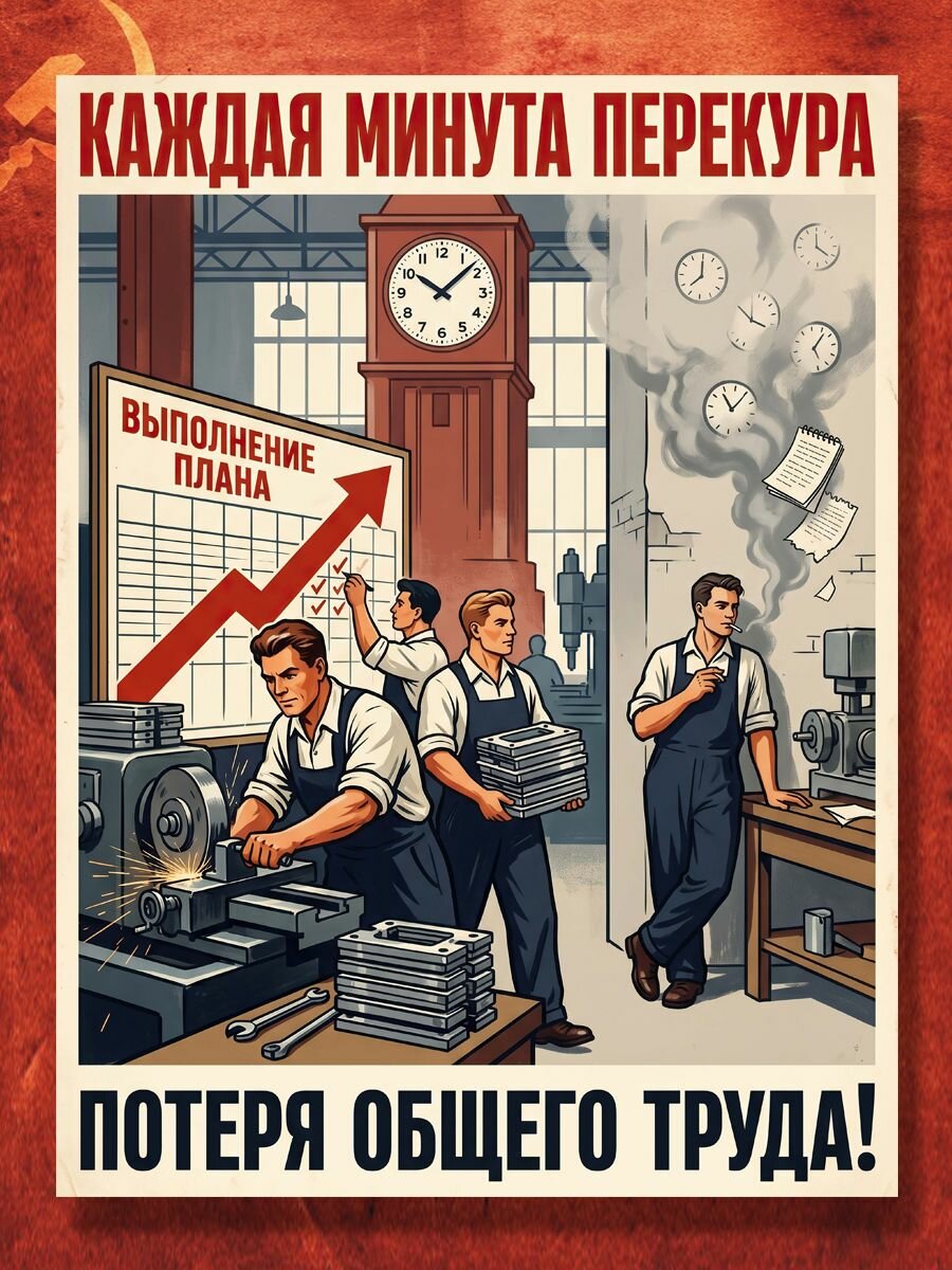 Постер СССР "Каждая минута перекура - потеря общего труда!" - 30х40см (без рамки)