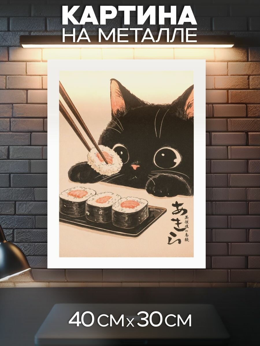 Постер на металле Котик и роллы, для кафе, для ресторанов