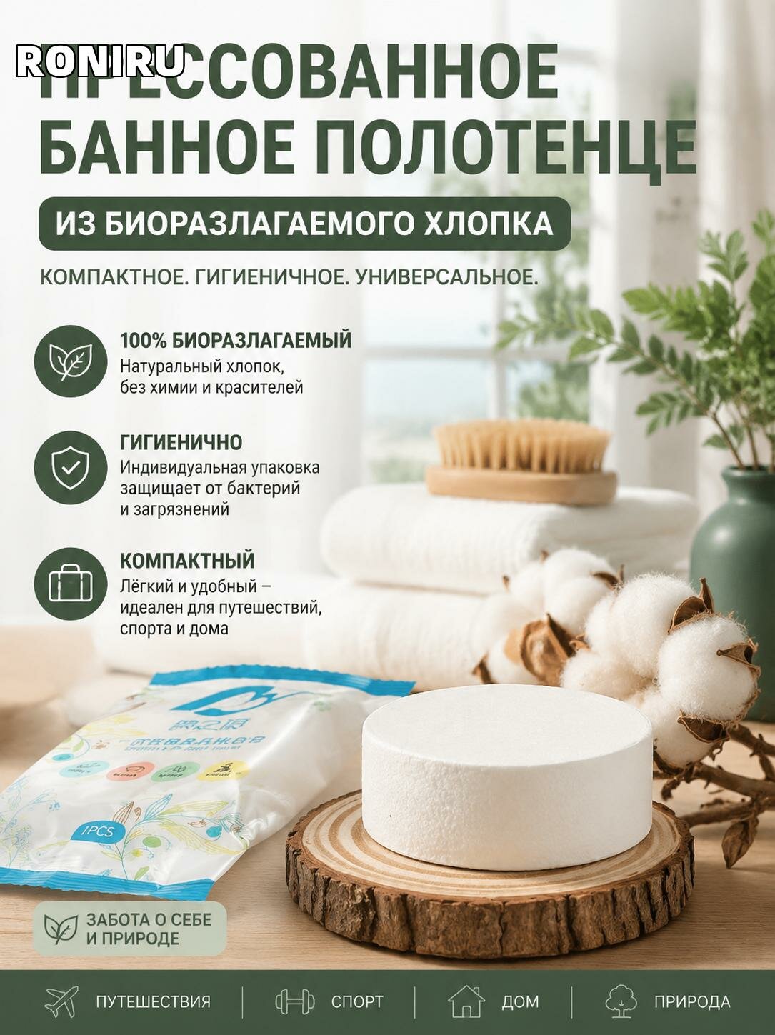 Прессованное банное полотенце из биоразлагаемого хлопка — компактное и гигиеничное для путешествий, спорта и дома